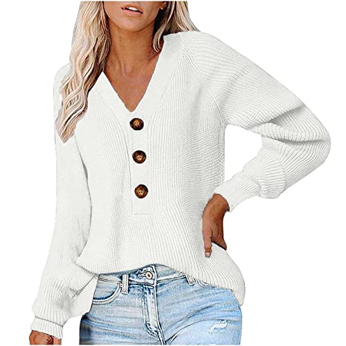 Womens Ribbed Knit Sweaters Long Sleeve Button Down V Neck Pullover Tops Casual Loose Plain Jumper Fall Winter White