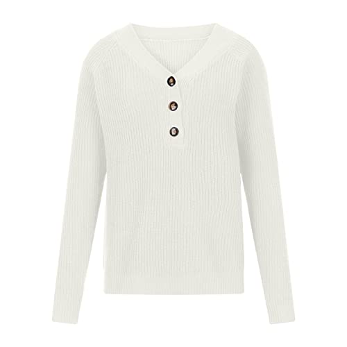 Womens Ribbed Knit Sweaters Long Sleeve Button Down V Neck Pullover Tops Casual Loose Plain Jumper Fall Winter White