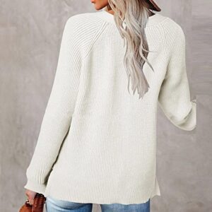 Womens Ribbed Knit Sweaters Long Sleeve Button Down V Neck Pullover Tops Casual Loose Plain Jumper Fall Winter White