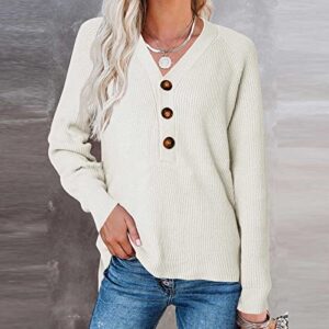 Womens Ribbed Knit Sweaters Long Sleeve Button Down V Neck Pullover Tops Casual Loose Plain Jumper Fall Winter White