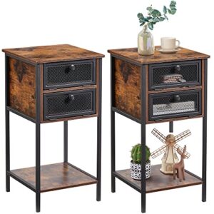 vecelo tall end side table, 27.3''nightstands storage shelf, 2 set sturdy steel frame for bedroom, living room, industrial design,rustic brown, 2 drawers