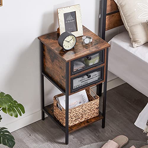 VECELO Tall End Side Table, 27.3''Nightstands Storage Shelf, 2 Set Sturdy Steel Frame for Bedroom, Living Room, Industrial Design,Rustic Brown, 2 Drawers