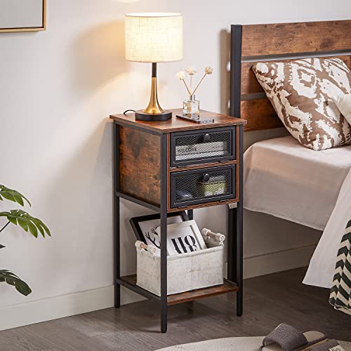 VECELO Tall End Side Table, 27.3''Nightstands Storage Shelf, 2 Set Sturdy Steel Frame for Bedroom, Living Room, Industrial Design,Rustic Brown, 2 Drawers