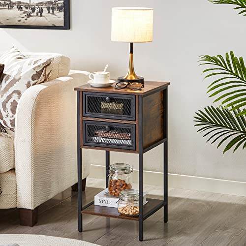 VECELO Tall End Side Table, 27.3''Nightstands Storage Shelf, 2 Set Sturdy Steel Frame for Bedroom, Living Room, Industrial Design,Rustic Brown, 2 Drawers