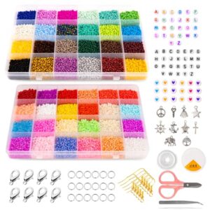 kraffy 35000+pcs 2mm glass seed beads for jewelry making, bracelets, rings, necklace, waist chains - small beads set with charms letters and hearts - women girls kids diy beading kit