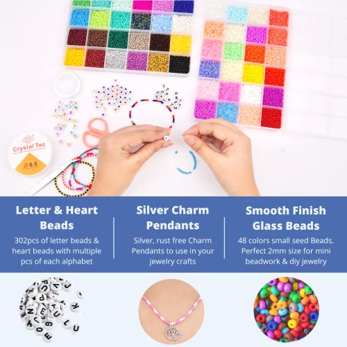 KRAFFY 35000+Pcs 2mm Glass Seed Beads for Jewelry Making, Bracelets, Rings, Necklace, Waist Chains - Small Beads Set with Charms Letters and Hearts - Women Girls Kids DIY Beading Kit