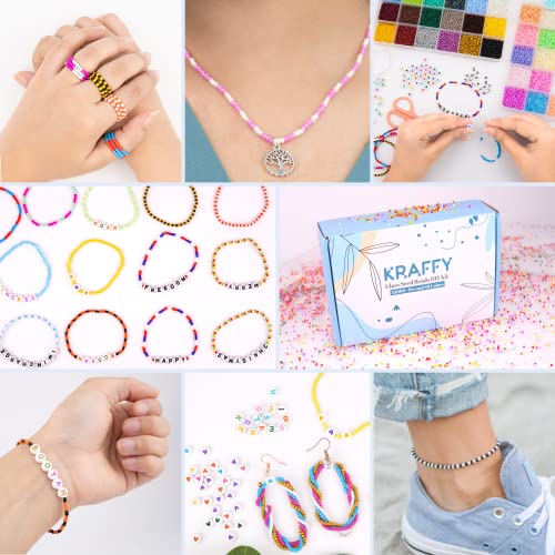 KRAFFY 35000+Pcs 2mm Glass Seed Beads for Jewelry Making, Bracelets, Rings, Necklace, Waist Chains - Small Beads Set with Charms Letters and Hearts - Women Girls Kids DIY Beading Kit