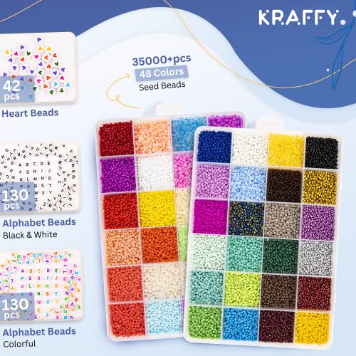 KRAFFY 35000+Pcs 2mm Glass Seed Beads for Jewelry Making, Bracelets, Rings, Necklace, Waist Chains - Small Beads Set with Charms Letters and Hearts - Women Girls Kids DIY Beading Kit