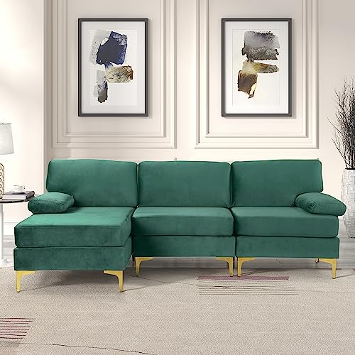 Casa Andrea Milano Modern Sectional Sofa L Shaped Velvet Couch, with Extra Wide Chaise Lounge and Gold Legs, Green