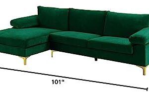 Casa Andrea Milano Modern Sectional Sofa L Shaped Velvet Couch, with Extra Wide Chaise Lounge and Gold Legs, Green