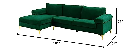 Casa Andrea Milano Modern Sectional Sofa L Shaped Velvet Couch, with Extra Wide Chaise Lounge and Gold Legs, Green