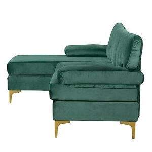 Casa Andrea Milano Modern Sectional Sofa L Shaped Velvet Couch, with Extra Wide Chaise Lounge and Gold Legs, Green