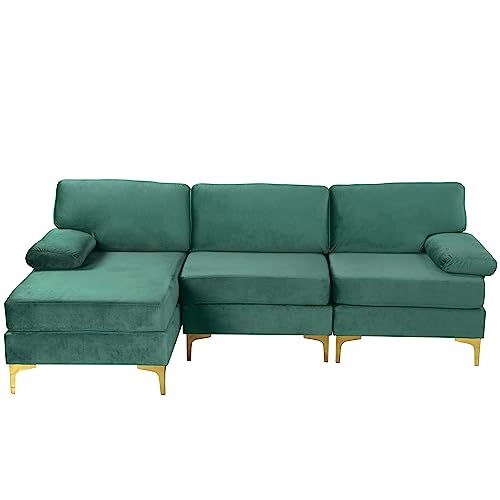 Casa Andrea Milano Modern Sectional Sofa L Shaped Velvet Couch, with Extra Wide Chaise Lounge and Gold Legs, Green