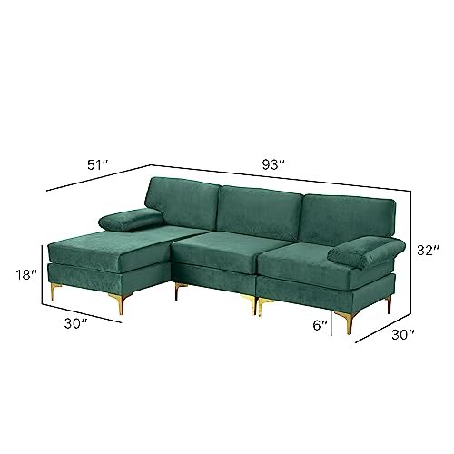 Casa Andrea Milano Modern Sectional Sofa L Shaped Velvet Couch, with Extra Wide Chaise Lounge and Gold Legs, Green