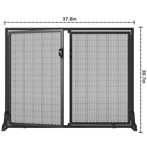 Kingson 37.8x30.7 in Fireplace Screen with Doors, 2-Pannel Handcrafted Solid Wrought Iron Decorative Mesh Classic Fire Spark Guard-Black