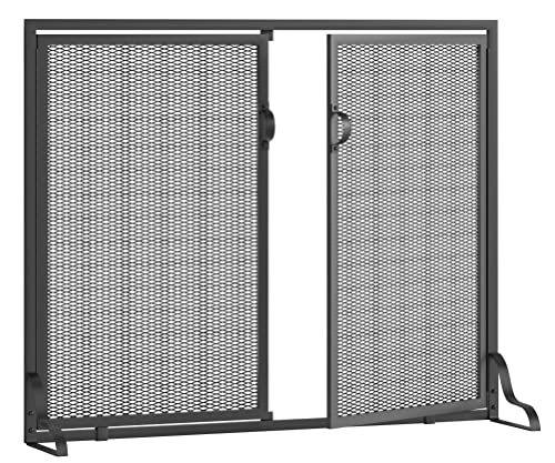 Kingson 37.8x30.7 in Fireplace Screen with Doors, 2-Pannel Handcrafted Solid Wrought Iron Decorative Mesh Classic Fire Spark Guard-Black