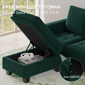 Belffin Velvet Reversible Sectional Sofa with Chasie Convertible Couch Storage Ottoman L Shaped 4-seat Green