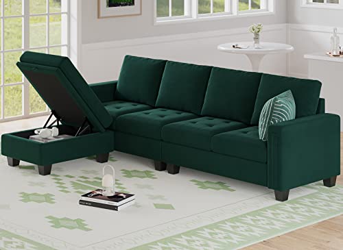 Belffin Velvet Reversible Sectional Sofa with Chasie Convertible Couch Storage Ottoman L Shaped 4-seat Green