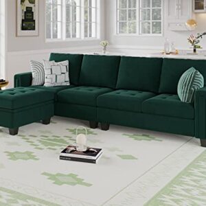 Belffin Velvet Reversible Sectional Sofa with Chasie Convertible Couch Storage Ottoman L Shaped 4-seat Green