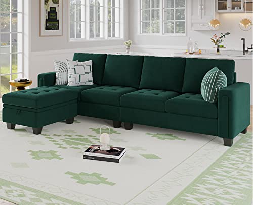 Belffin Velvet Reversible Sectional Sofa with Chasie Convertible Couch Storage Ottoman L Shaped 4-seat Green