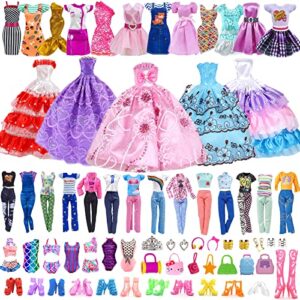 50 pcs doll clothes outfit for 11.5 inch doll, doll accessories collection with 3 princess dresses+10 dressest+6 tops+6 pants+5 bikinis+5 accessories+5 bags+10 shoes(random style)