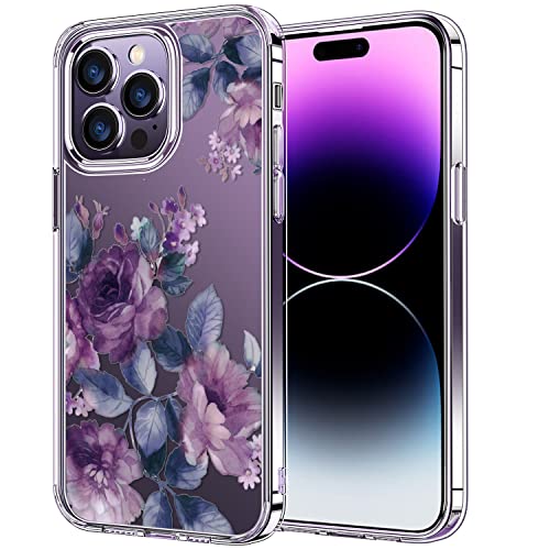 bicol Hybrid iPhone 14 Pro Case Clear Fashion Designs Phone Cover for Women Girls, Stylish Slim Shockproof Hard PC+TPU Bumper Flower Protective Phone Case for iPhone 14 Pro 6.1 inch Purple Flowers