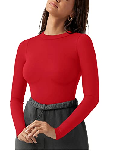 REORIA Women's Fall Fashion Crew Neck Double Lined Long Sleeve One Piece Fitted Tight T Shirts Leotards Bodysuits Tops For Going Ou Red Medium