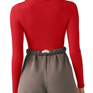 REORIA Women's Fall Fashion Crew Neck Double Lined Long Sleeve One Piece Fitted Tight T Shirts Leotards Bodysuits Tops For Going Ou Red Medium