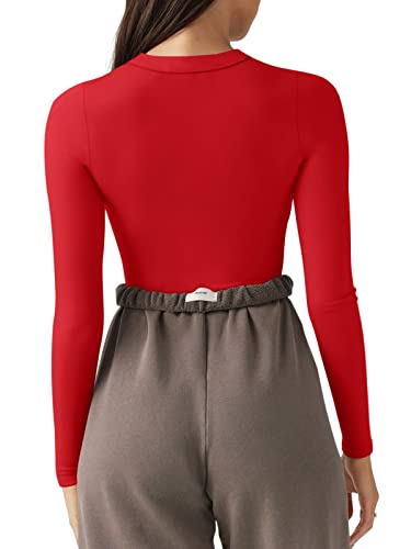 REORIA Women's Fall Fashion Crew Neck Double Lined Long Sleeve One Piece Fitted Tight T Shirts Leotards Bodysuits Tops For Going Ou Red Medium