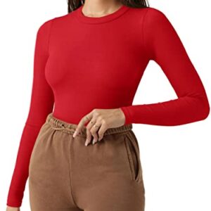 REORIA Women's Fall Fashion Crew Neck Double Lined Long Sleeve One Piece Fitted Tight T Shirts Leotards Bodysuits Tops For Going Ou Red Medium