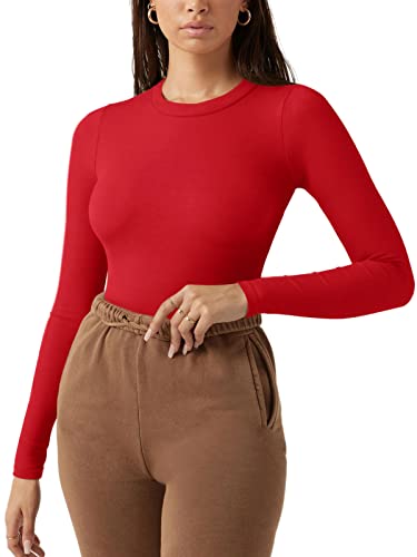 REORIA Women's Fall Fashion Crew Neck Double Lined Long Sleeve One Piece Fitted Tight T Shirts Leotards Bodysuits Tops For Going Ou Red Medium