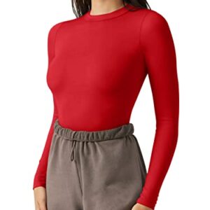 REORIA Women's Fall Fashion Crew Neck Double Lined Long Sleeve One Piece Fitted Tight T Shirts Leotards Bodysuits Tops For Going Ou Red Medium