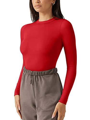 REORIA Women's Fall Fashion Crew Neck Double Lined Long Sleeve One Piece Fitted Tight T Shirts Leotards Bodysuits Tops For Going Ou Red Medium