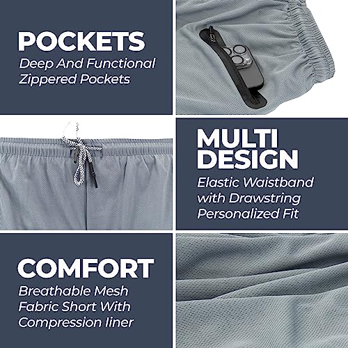 Panther Sports Apparel Men's Athletic Shorts for Gym, Workout, Running, Fitness, with Compression Liner, Lightweight, Quick-Dry, Zipper Pockets, 7-inch Inseam, Dark Grey, XL