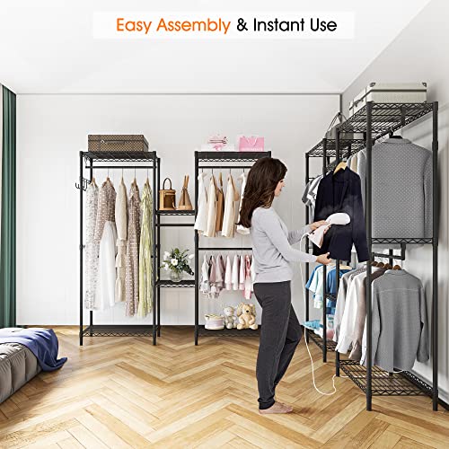 Amyove Clothes Rack Garment Rack Portable Wardrobe Closet with Adjustable Shelves, Hanging Rods, Side Hooks for Hanging Clothes, Freestanding & L-shaped Closet (1" Diameter, Black) (PHO_0VQS)