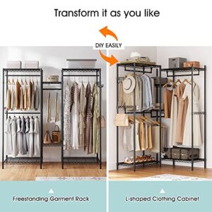 Amyove Clothes Rack Garment Rack Portable Wardrobe Closet with Adjustable Shelves, Hanging Rods, Side Hooks for Hanging Clothes, Freestanding & L-shaped Closet (1" Diameter, Black) (PHO_0VQS)