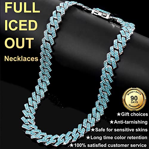 loumssiy Silver Plated Bling Miami Cuban Link Chain for Men Women Iced Out Miami Cuban Necklace Diamond Chain for Men 14mm Colorful Hip Hop Jewelry (Full Blue-14mm, 18inch)