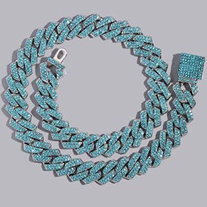 loumssiy Silver Plated Bling Miami Cuban Link Chain for Men Women Iced Out Miami Cuban Necklace Diamond Chain for Men 14mm Colorful Hip Hop Jewelry (Full Blue-14mm, 18inch)