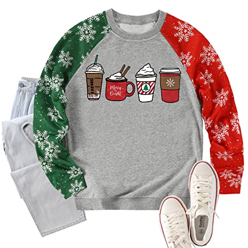 Christmas Sweatshirt Women Merry and Bright Christmas Shirt Funny Cute Ice Cream Graphic Tee Xmas Holiday Shirts