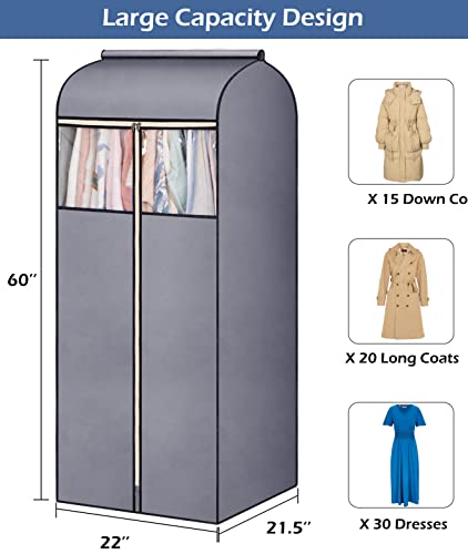 SLEEPING LAMB 60'' Hanging Garment Bags for Closet Storage Sealed Completely Jackets Coats Suits Clothes Rack Cover for Wardrobe with Clear PVC Window, 2 Packs, Grey (Hanging Rod Not Included)