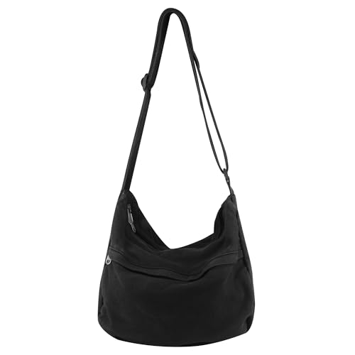 Canvas Casual Messenger Bag Hobo Crossbody Bag Canvas Shouder Tote Handbag for Women and Men, Black