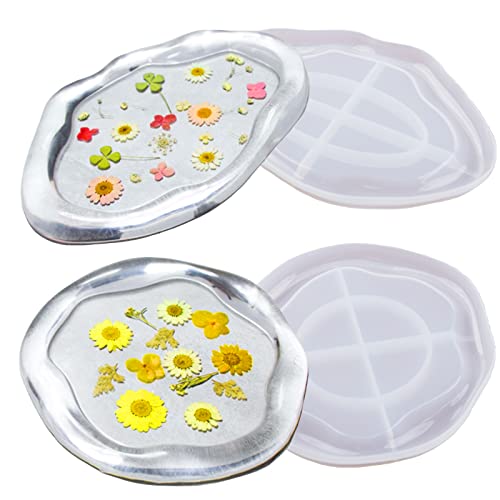 2PCS Large Resin Tray Molds Irregular Oval Round Tray Silicone Mold with Edge Jewelry Tray Trinket Plate Candle Holder Mold for Epoxy Resin Casting Concrete Cement DIY Art Craft Home Decor