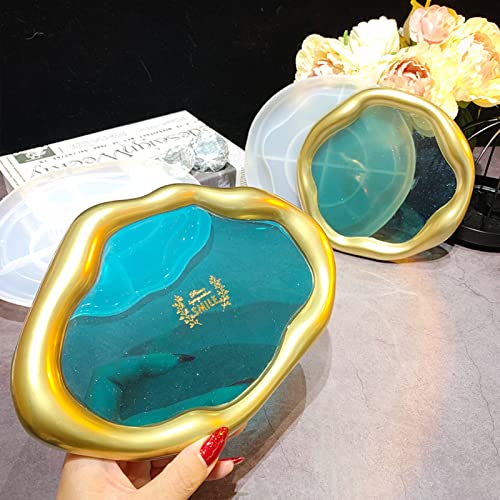 2PCS Large Resin Tray Molds Irregular Oval Round Tray Silicone Mold with Edge Jewelry Tray Trinket Plate Candle Holder Mold for Epoxy Resin Casting Concrete Cement DIY Art Craft Home Decor