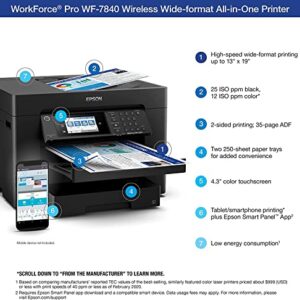 Epson Workforce Pro WF-7840 Wireless Wide-Format All-in-One Color Inkjet Printer - Print Scan Copy Fax - 4.3" LCD, 25 ppm, 4800 x 2400 dpi, 13" x 19", 50-Sheet ADF, Auto 2-Sided Printing, Ethernet