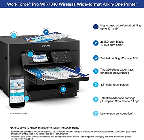 Epson Workforce Pro WF-7840 Wireless Wide-Format All-in-One Color Inkjet Printer - Print Scan Copy Fax - 4.3" LCD, 25 ppm, 4800 x 2400 dpi, 13" x 19", 50-Sheet ADF, Auto 2-Sided Printing, Ethernet