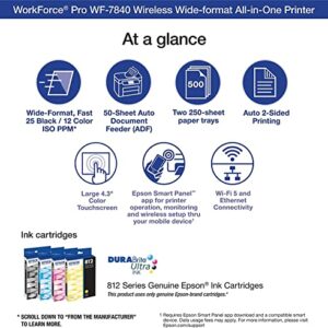 Epson Workforce Pro WF-7840 Wireless Wide-Format All-in-One Color Inkjet Printer - Print Scan Copy Fax - 4.3" LCD, 25 ppm, 4800 x 2400 dpi, 13" x 19", 50-Sheet ADF, Auto 2-Sided Printing, Ethernet