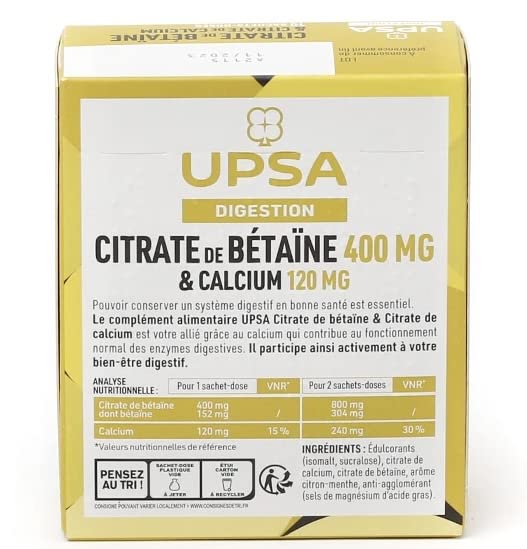 Betaine & Calcium Citrate by UPSA France for Digestive Comfort-Pack of 10 Sachets Doses