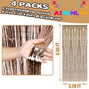 4 Pack 3.3Ft x 6.6Ft Champagne Gold Foil Fringe Curtain Backdrop, Metallic Tinsel Foil Fringe Streamers Curtains Background for Photo Booth, Birthday, Wedding, Halloween, Christmas Party Decoration