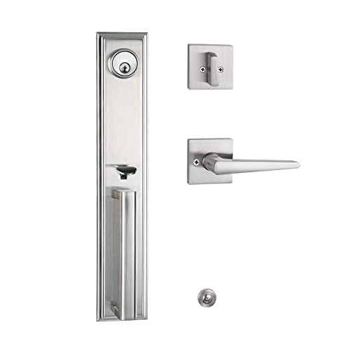 HISAFE Single Cylinder Keyed Handle Set for Front Door or Office Door, Reversible for Right and Left Handed, Satin Nickel Heavy Duty Exterior Door Handle