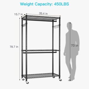 FUTASSI Portable Closets, 3 Tiers Heavy-Duty Rolling Garment Rack, Free-Standing Adjustable Clothes Storage and Organizer System with 2 Hanger Rods, 35.4" L x 15.7" D x 78.7" H, Black